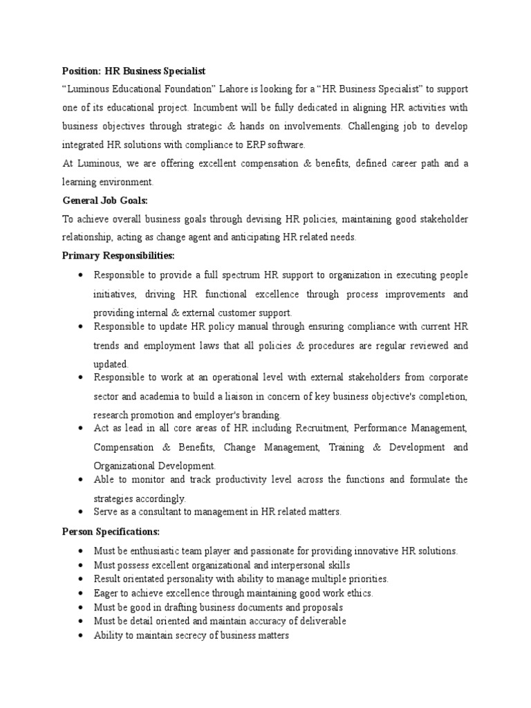 JD HR Position | PDF