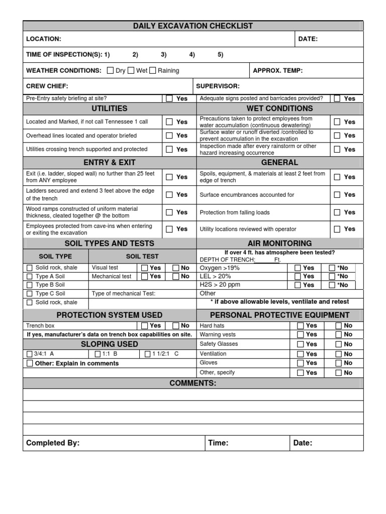 Daily Excavation Checklist | PDF | Technology & Engineering