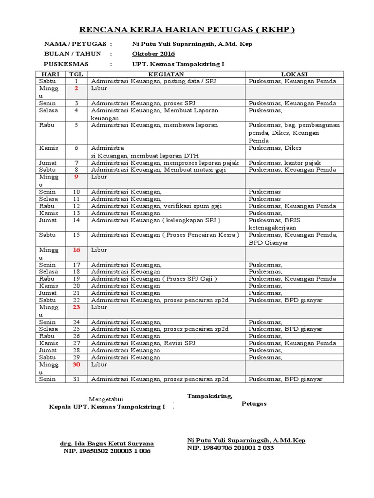 Rencana Kerja Harian Petugas | PDF