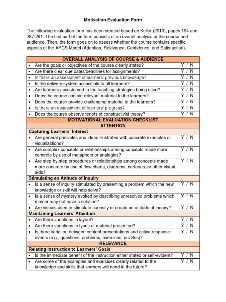 motivation evaluation form | Inquiry | Motivation