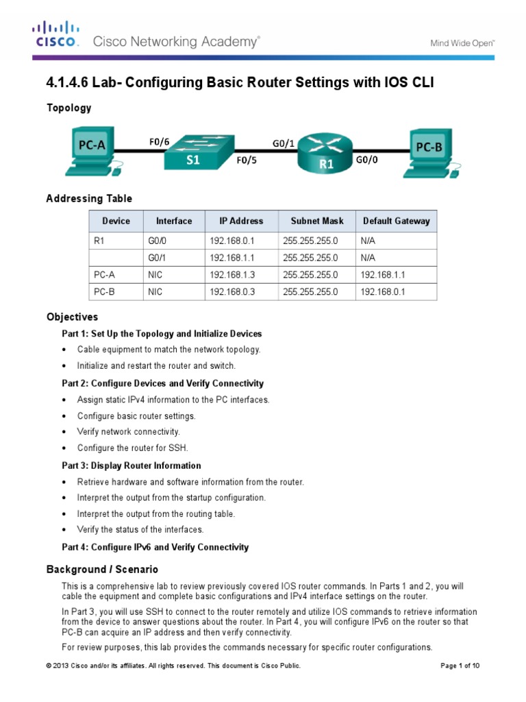 4.1.4.6 Lab - Configuring Basic Router Settings With IOS CLI | PDF | I Pv6 | Internet Standards