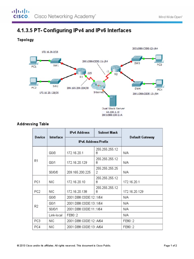 4.1.3.5 PT - Configuring IPv4 and IPv6 Interfaces | PDF