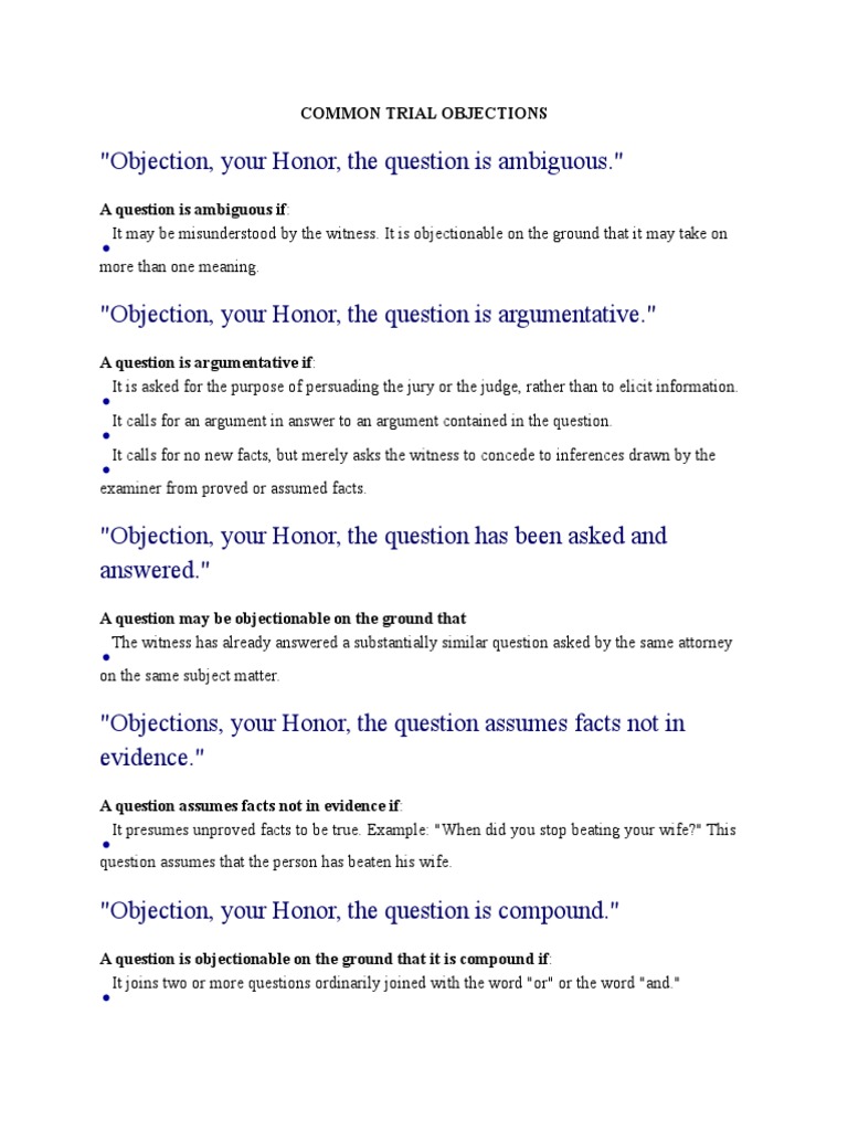 Common Trial Objections | PDF | Hearsay | Witness