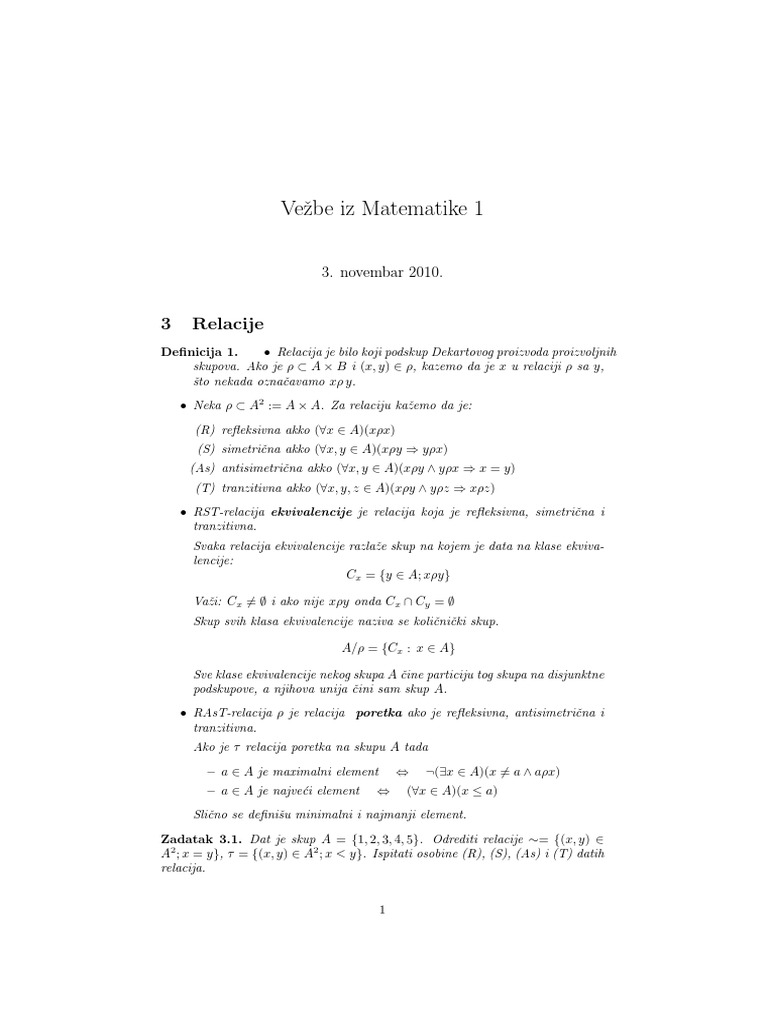 Matematika 1 Vezbe Relacije | PDF
