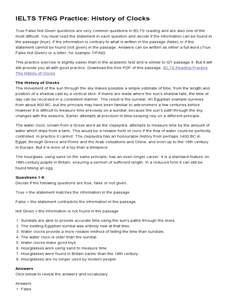 IELTS TFNG Practice - History of Clocks | PDF | Clock | Nature