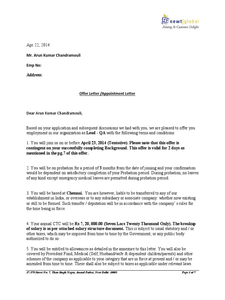 Newt Global Offer Letter for Arun Kumar | PDF | Employment | Insurance
