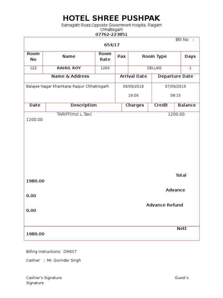 Hotel Shree Pushpak: 07762-223851 Bill No: 654/17 Room No Name Room ...