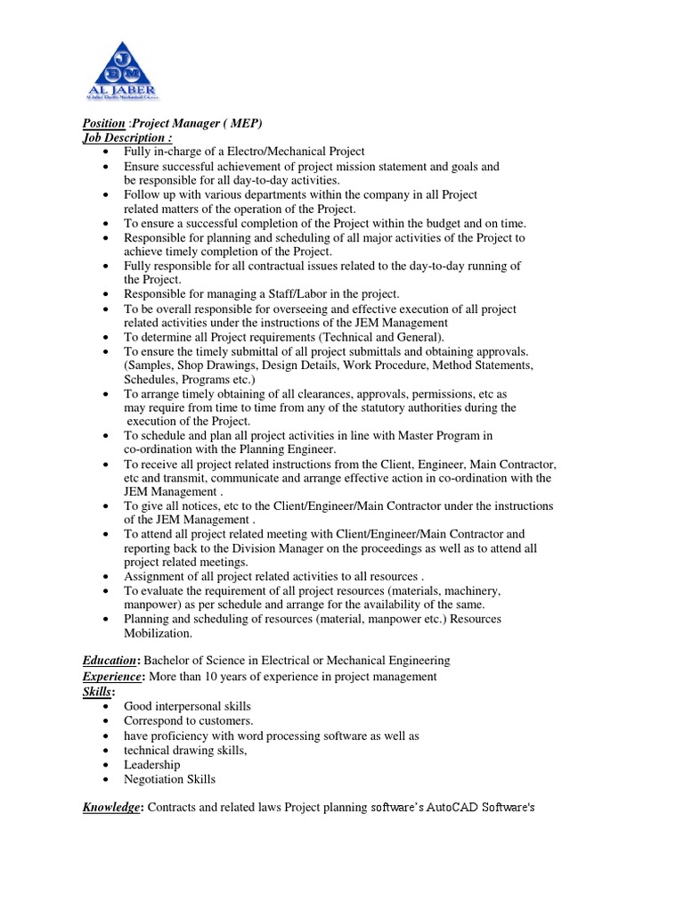 Position:Project Manager (MEP) Job Description | Download Free PDF ...
