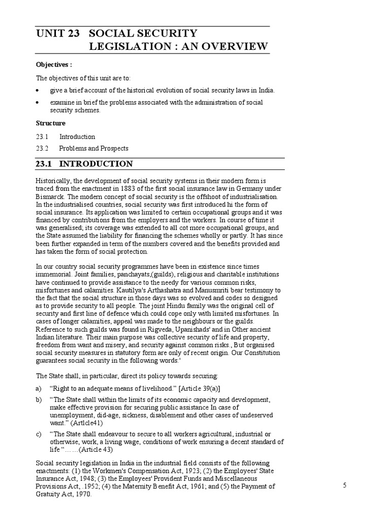 Unit 23 Social Security Legislation: An Overview: Objectives | PDF ...