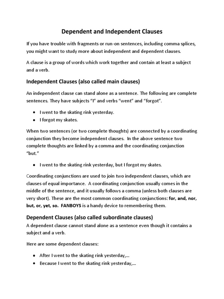 ESL Dependent and Independent Clauses | PDF | Clause | Sentence ...