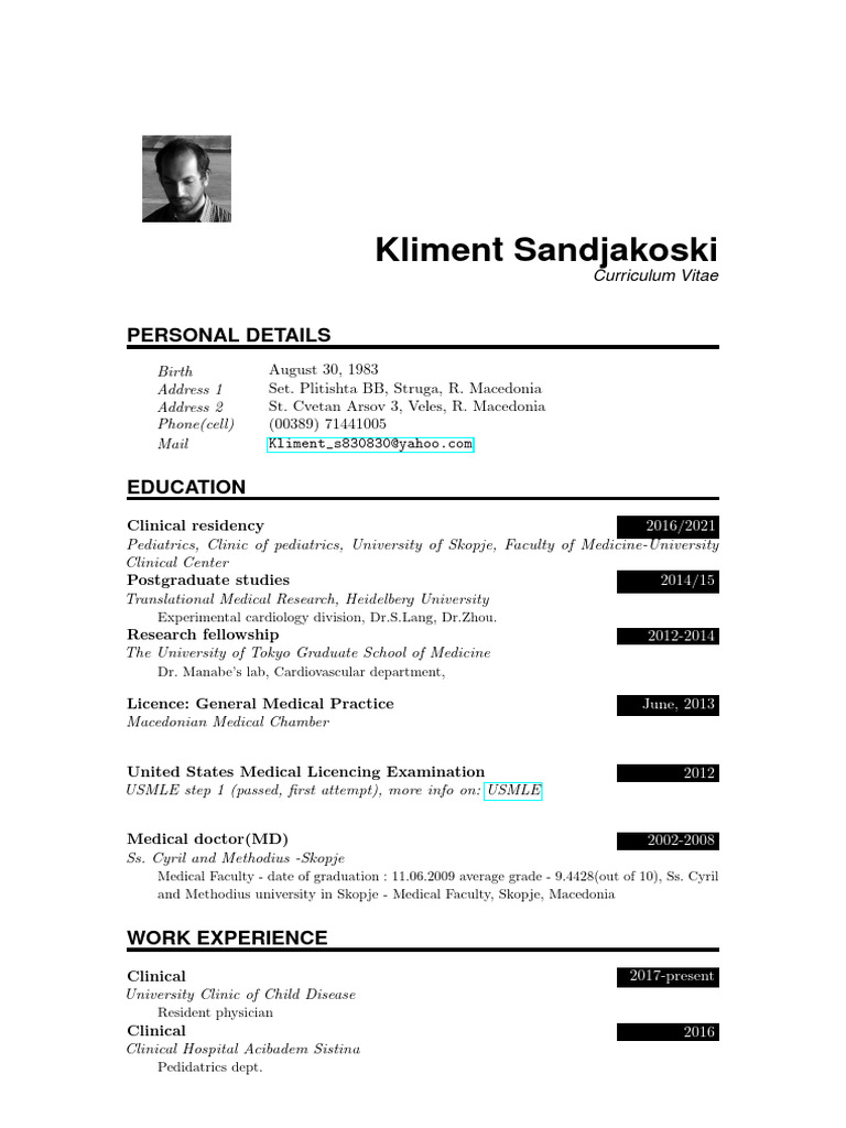 CV of Kliment Sandjakoski | PDF | Medical School | Doctor Of Medicine