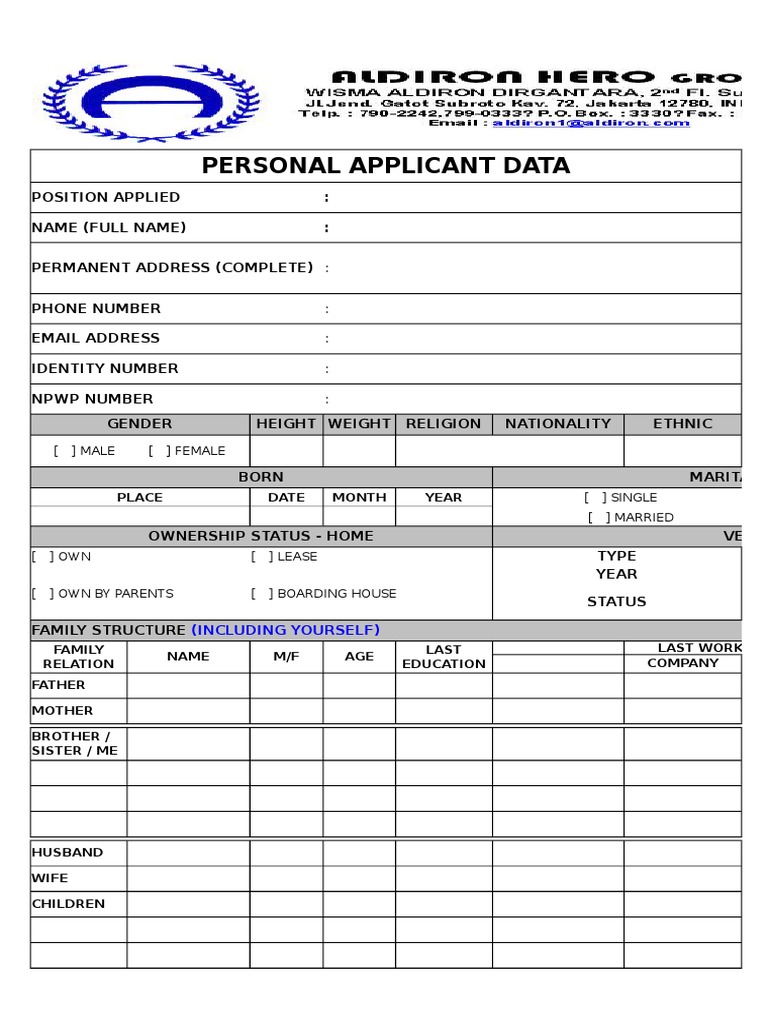 Fm-hrd-001, Personal Applicant Data Form English | PDF | Family ...
