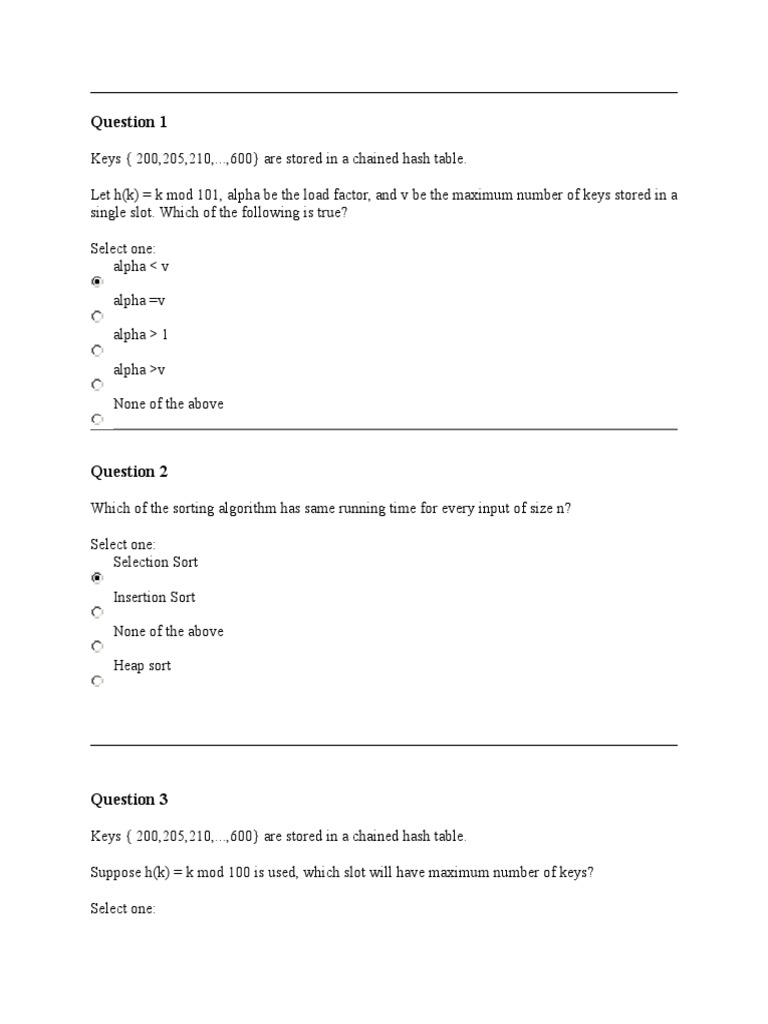 Analysis of Data Structures and Algorithms Questions Regarding Hashing, Search Trees, and ...