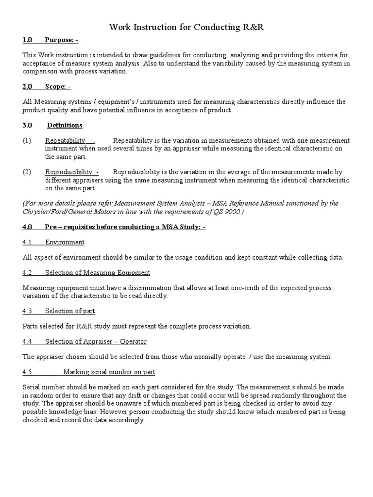 MSA Work Instruction | Sampling (Statistics) | Measurement