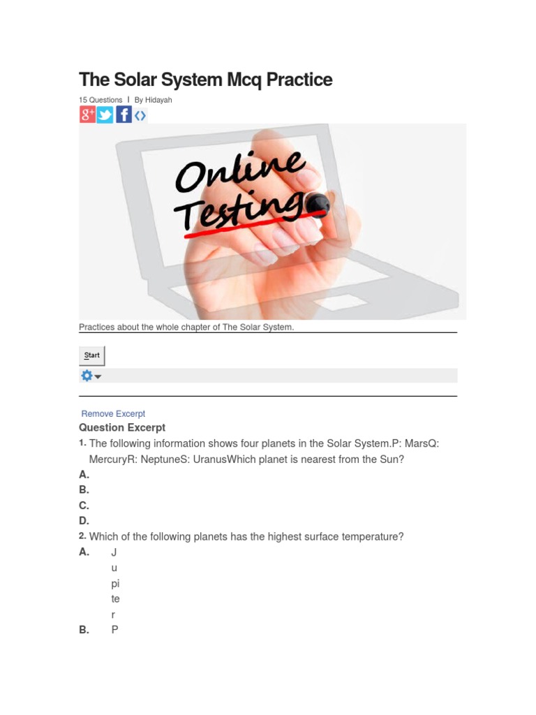 Solar System MCQ Practice Quiz | PDF | Science & Mathematics