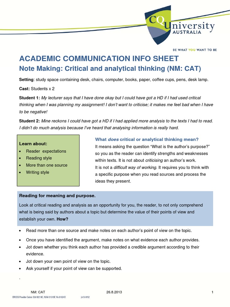 Academic Communication Info Sheet: Note Making: Critical and Analytical ...