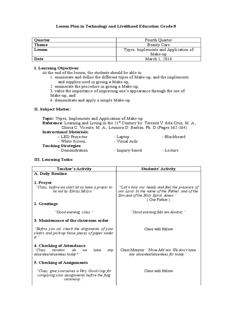 Lesson Plan in Beauty Care Grade 8 (TVE) Grade | PDF | Eyebrow | Cosmetics
