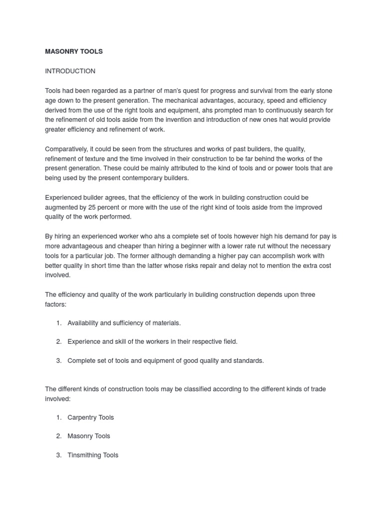 Masonry Tools | PDF | Hammer | Masonry