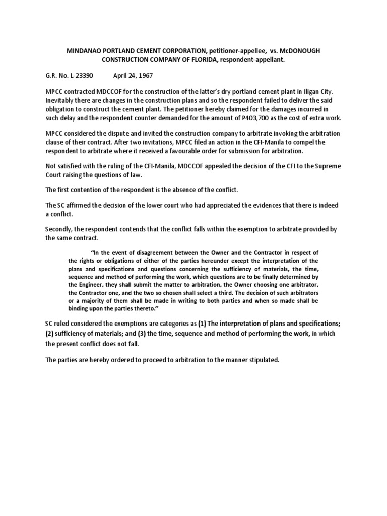MPCC vs MDCCOF Construction Dispute Ordered to Arbitration | PDF