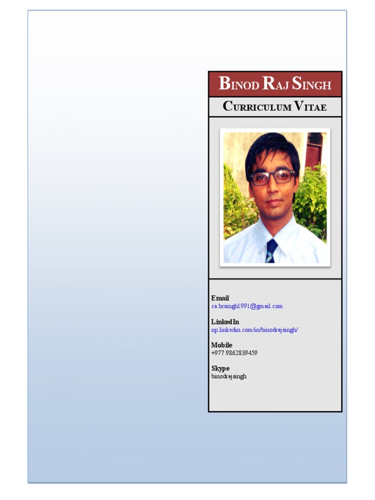 CV - Binod Raj Singh, CA, Mcom, 3 Yrs Manager (Finance & Accounts) Exp. | PDF