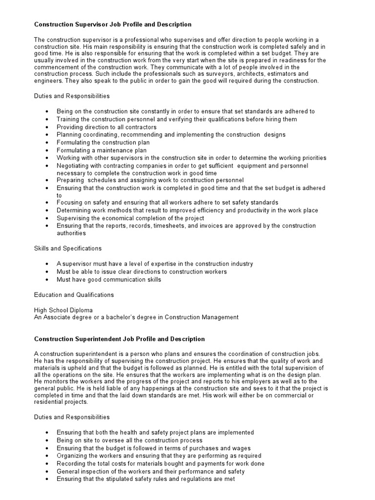Construction Supervisor Duties Overview | PDF | Supervisor ...