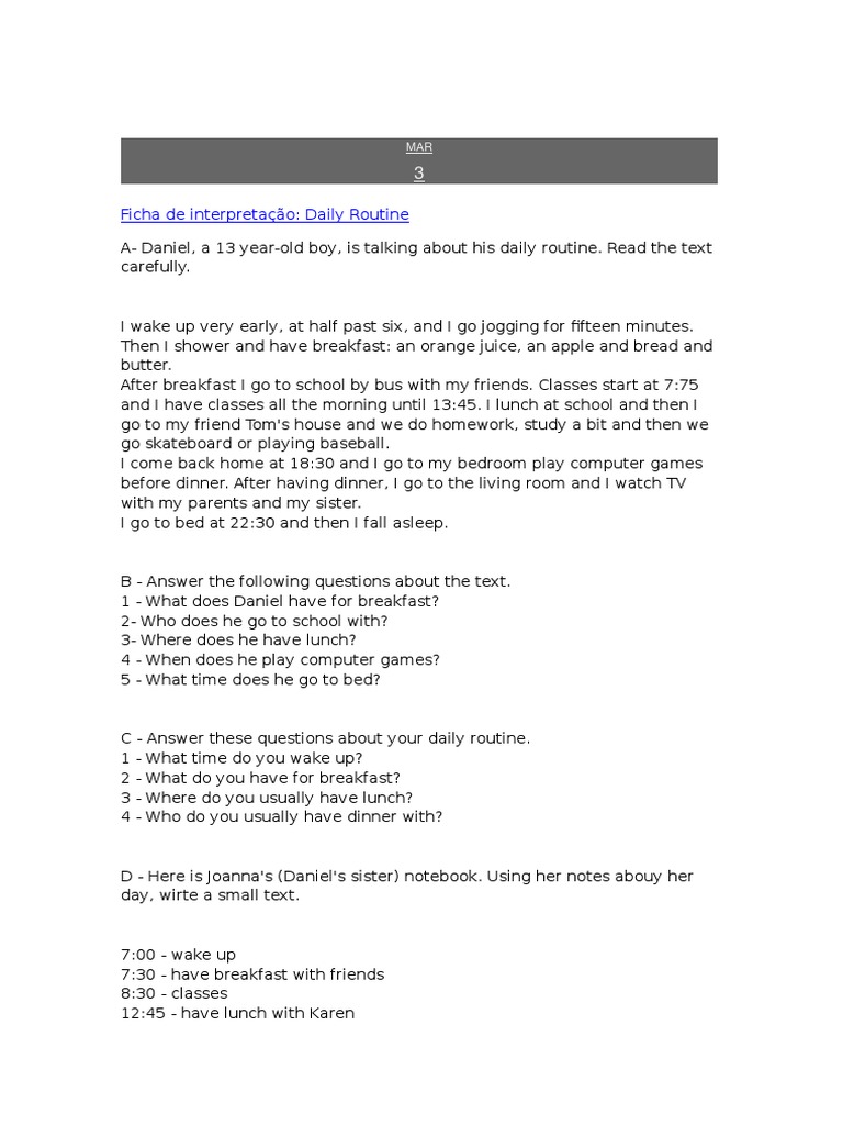 Ficha de Interpretação: Daily Routine | PDF