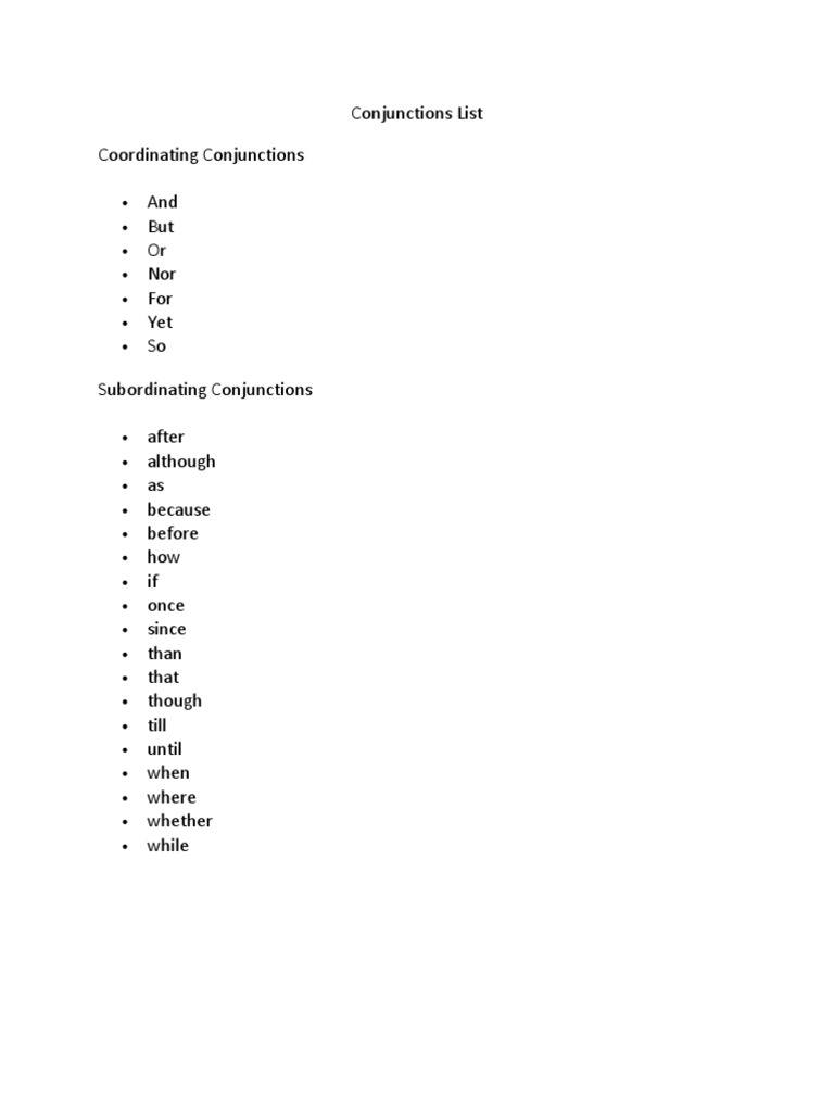 Conjunctions List Beginner or Intermediate | PDF