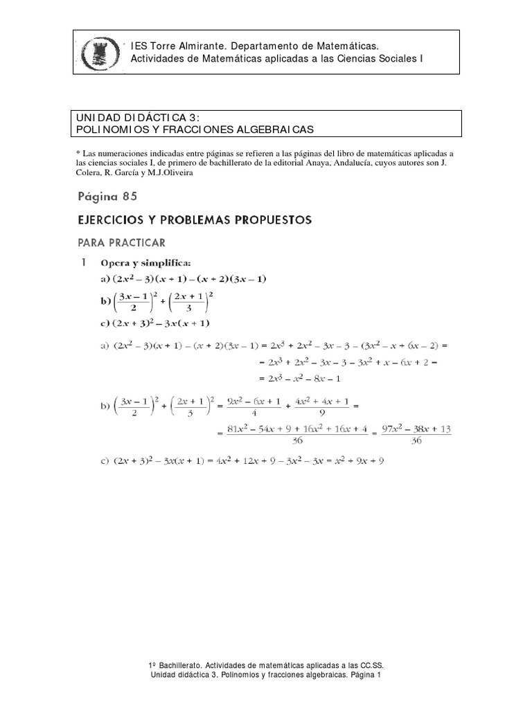1BACH CCS Ejercicios Del Tema 03 PDF | PDF | Polinomio | Álgebra abstracta