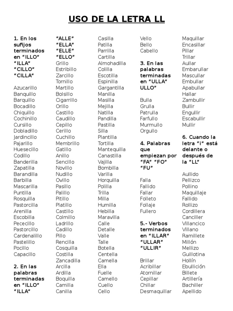 Lista de Palabras de La Letra LL | PDF | Hogar, jardinería y bricolaje ...