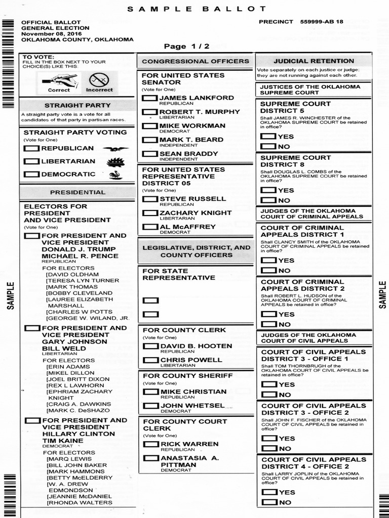 2016 General Election Sample Ballot For Oklahoma | PDF