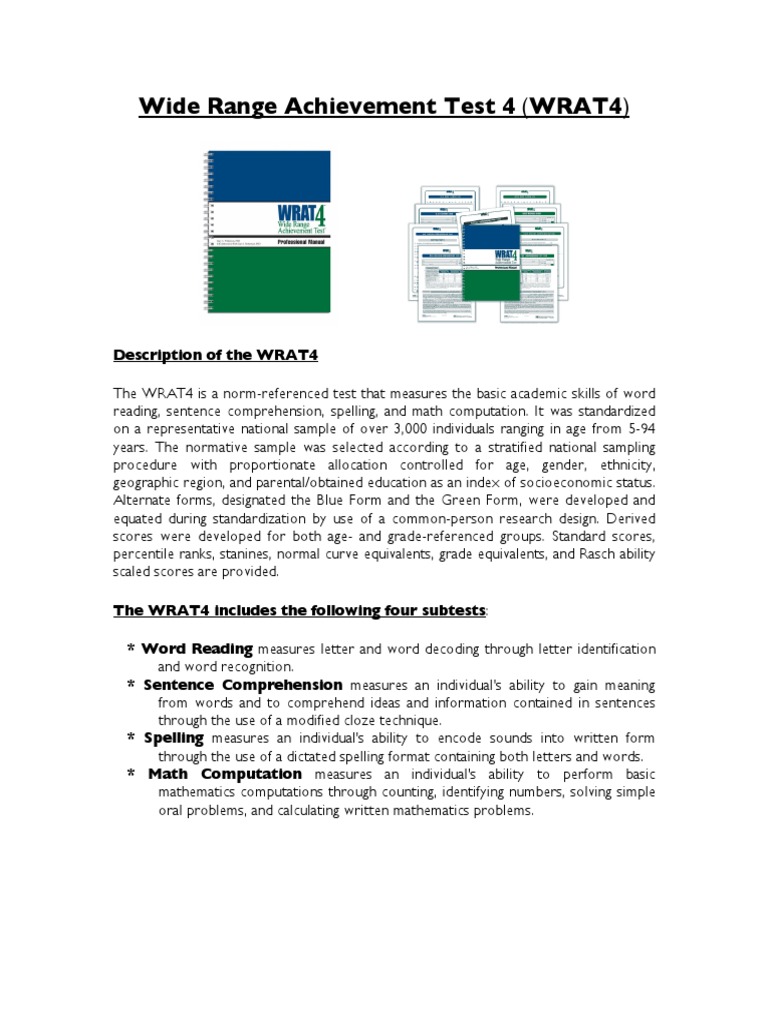 WRAT-4 Achievement Test Overview | Standard Score | Standard Deviation
