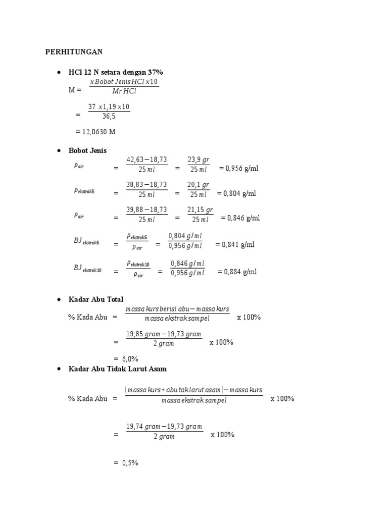 X Bobot Jenis HCL X 10 MR HCL: Perhitungan HCL 12 N Setara Dengan 37% | PDF