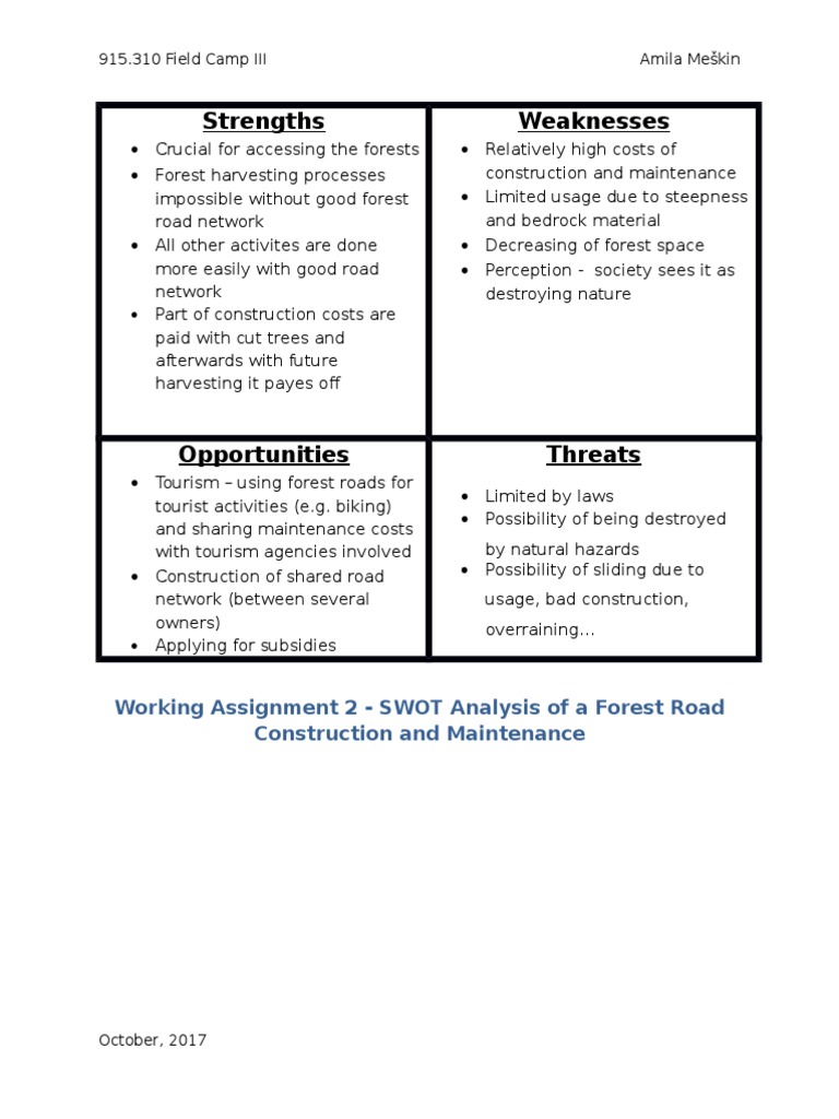 SWOT Analysis of A Forest Road Construction and Maintenance | PDF