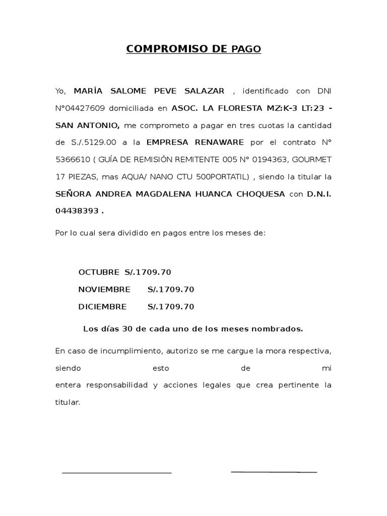 Compromiso De: SAN ANTONIO, me comprometo a pagar en tres cuotas la ...