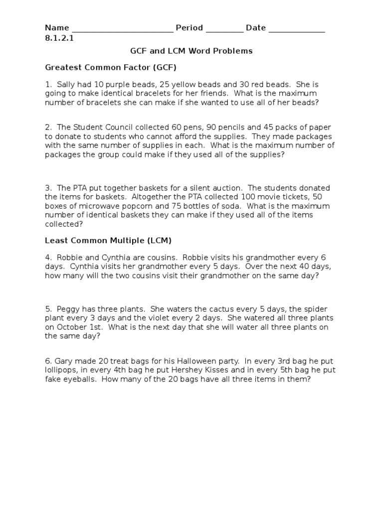 GCF and LCM Word Problems | PDF | Leisure | Nature