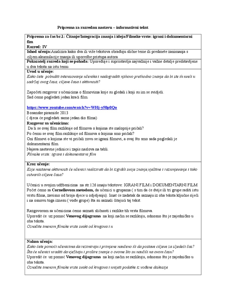 Priprema Za Informativni Tekst Za IV Razr | PDF