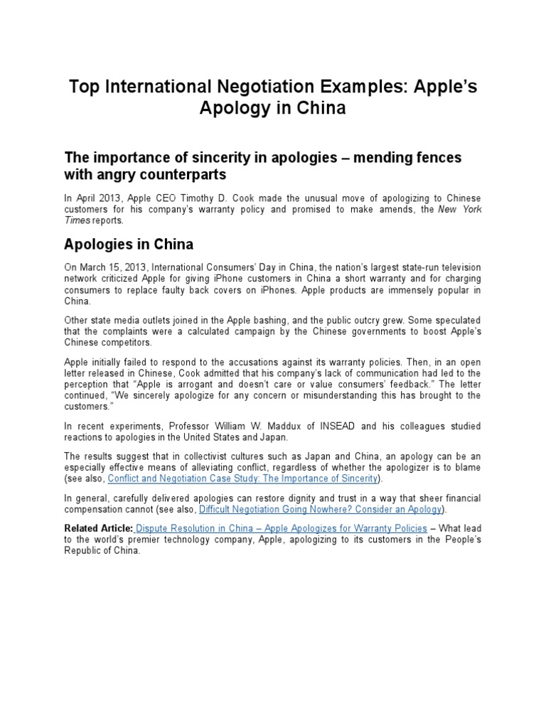 Top International Negotiation Examples - Apples Apology To China | PDF ...
