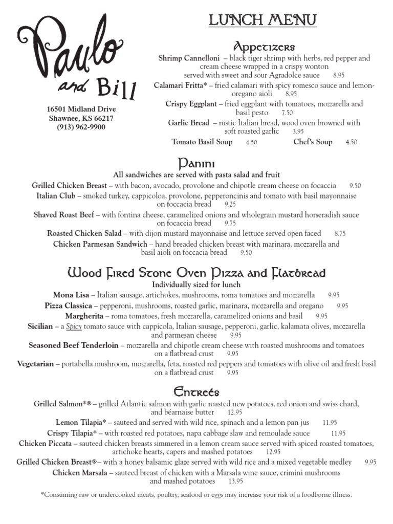 Paulo and Bill Lunch Menu | PDF | Pizza | Italian Cuisine