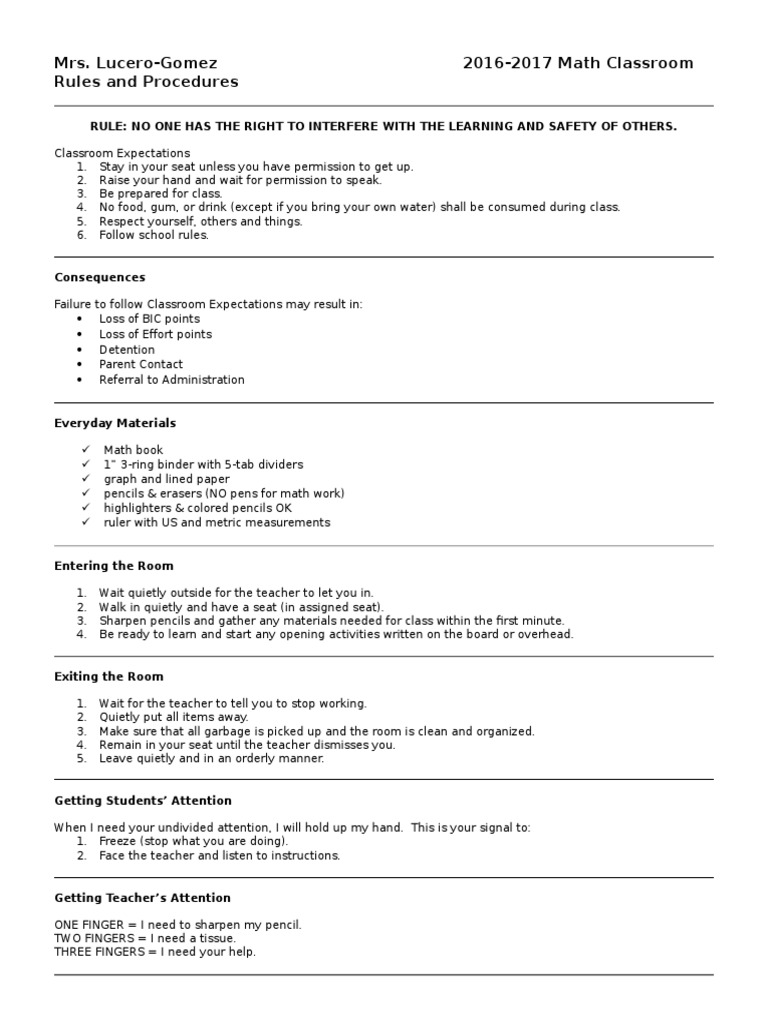 Math Classroom Rules and Procedures | PDF | Homework | Schools