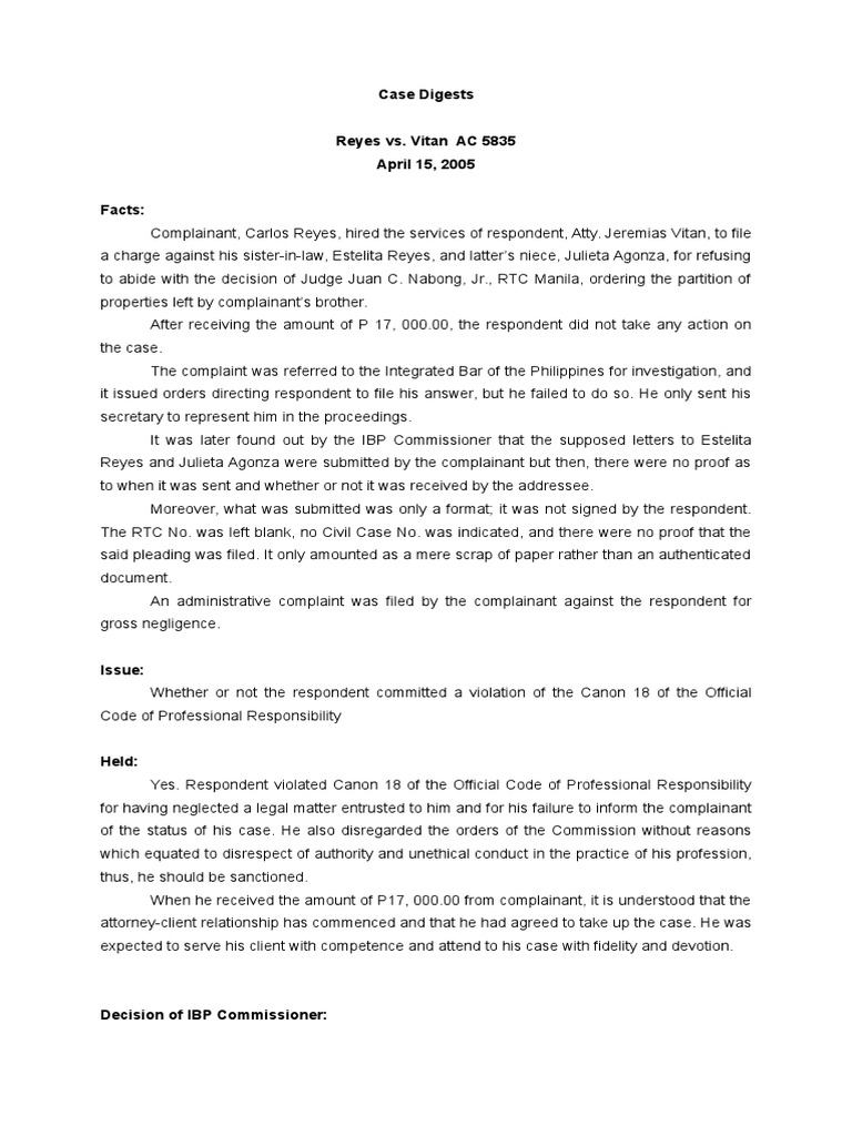 Analysis of Two Case Digests Involving Violations of the Code of ...