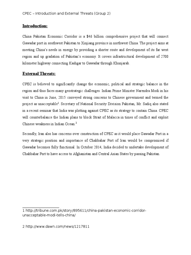 CPEC - Introduction and External Threats (Group 2) | PDF