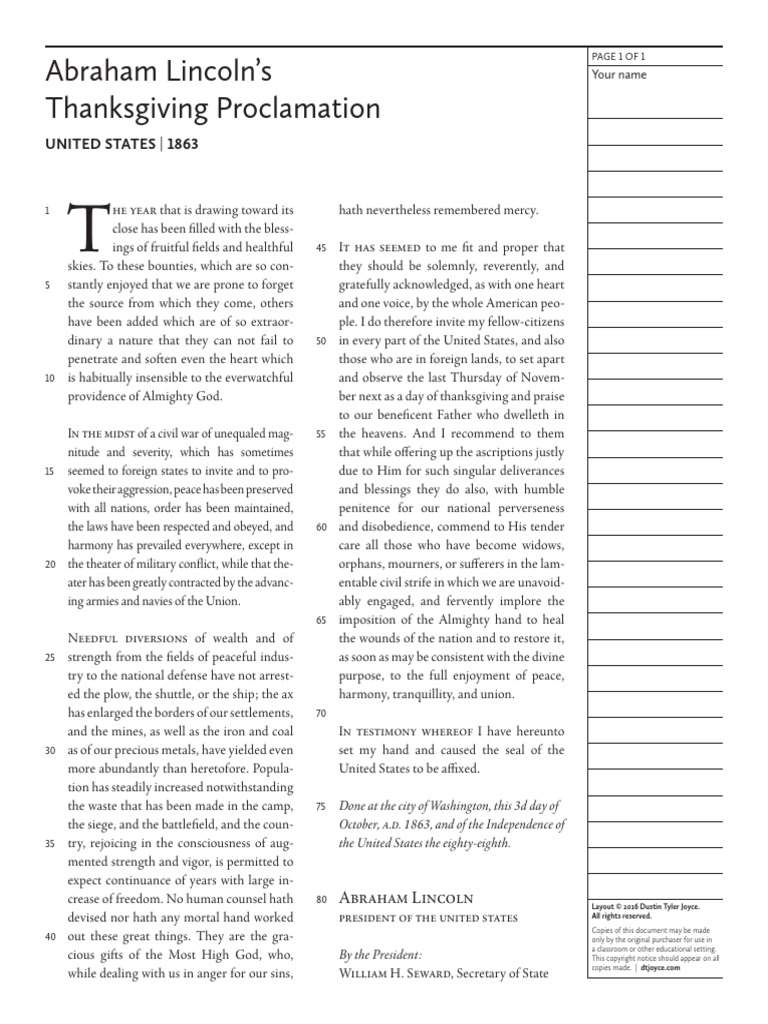 Abraham Lincoln's Thanksgiving Proclamation (United States, 1863) | PDF ...