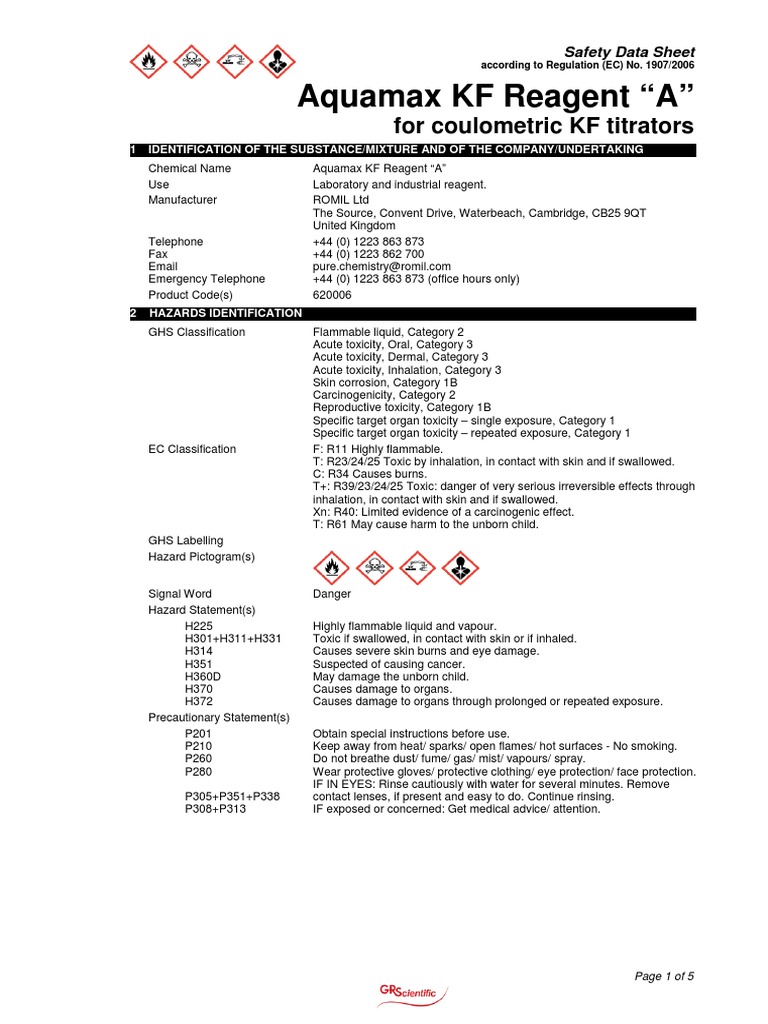 Aquamax KF Reagent A Safety Data Sheet | PDF | Toxicity | Solvent