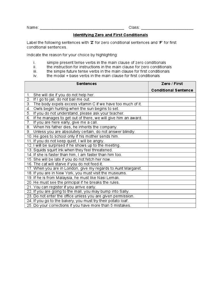 Identifying Zero and First Conditionals | PDF