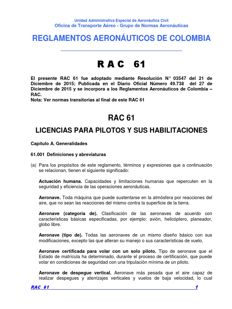 RAC 61 - Licencias para Pilotos y Sus Habilitaciones | PDF | Reglas de vuelo por instrumentos ...