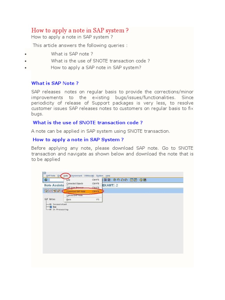 How To Apply A Note in SAP System | PDF