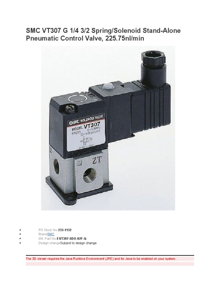 SMC VT307 G 1/4 3/2 Spring/Solenoid Stand-Alone Pneumatic Control Valve ...