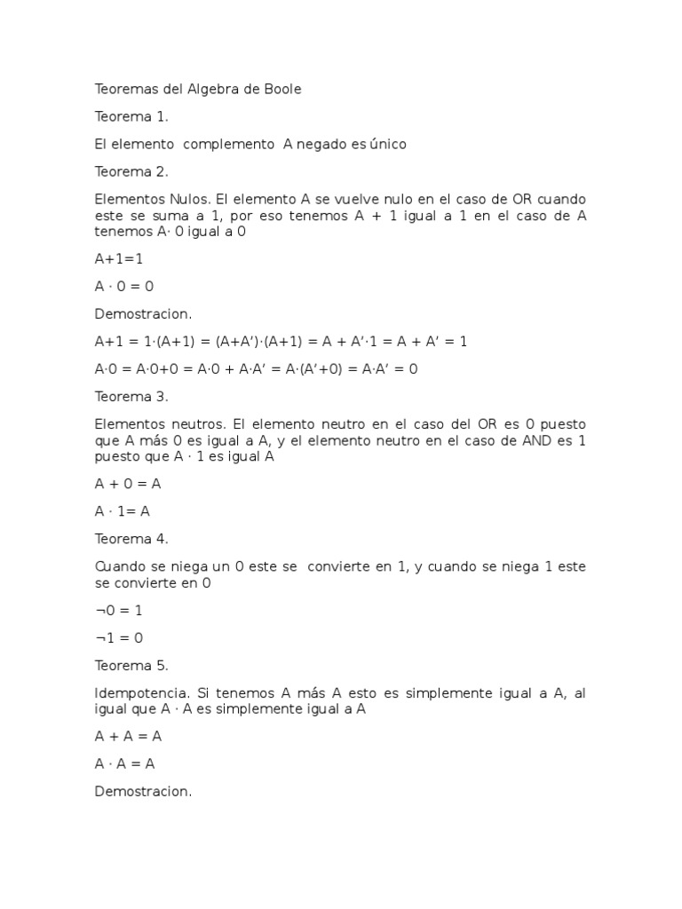 Teoremas Del Algebra de Boole | Multiplicación | Lógica matemática
