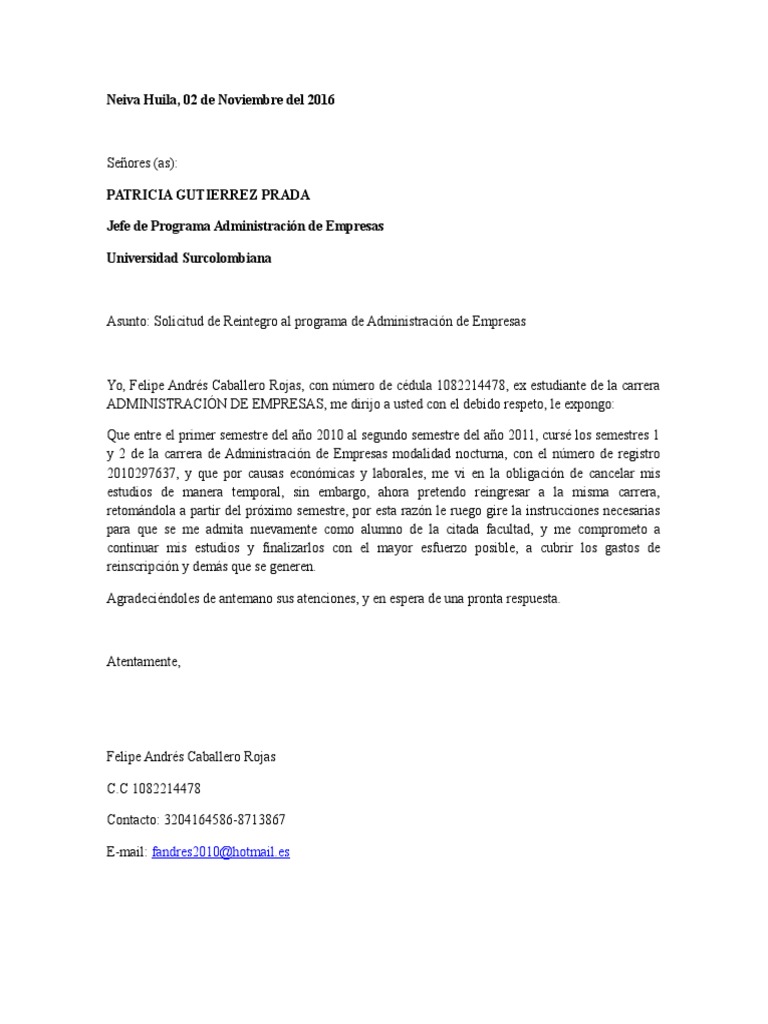 Modelo Carta De Solicitud De Reintegro Laboral