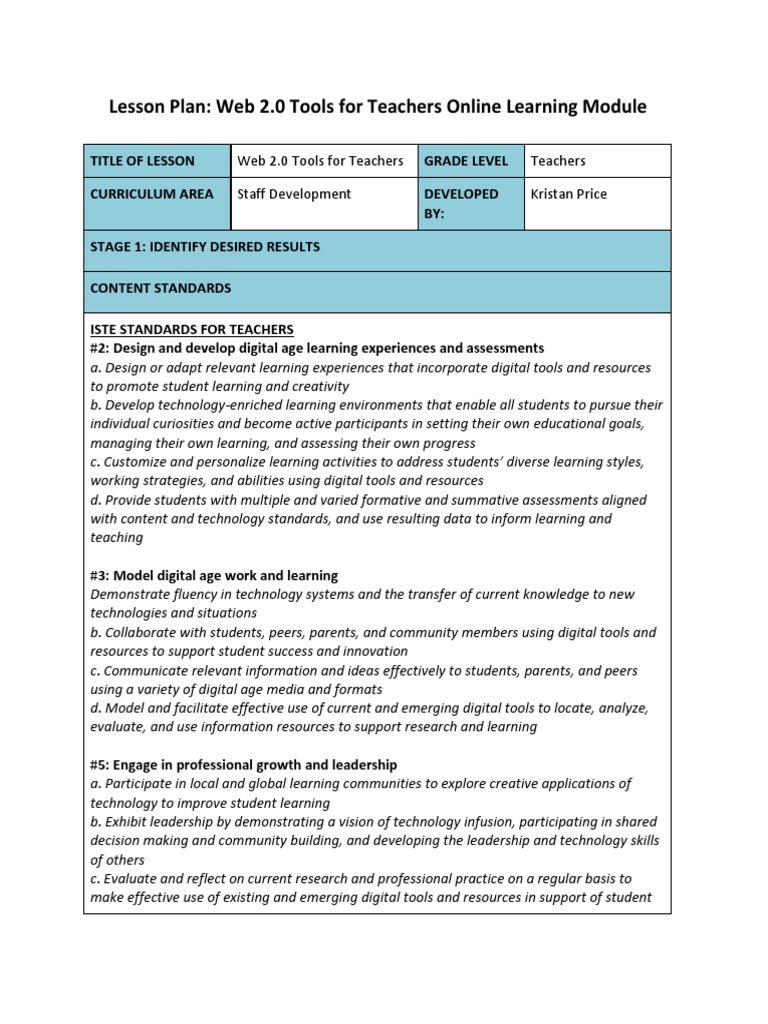 Lesson Plan: Web 2.0 Tools For Teachers Online Learning Module | PDF ...